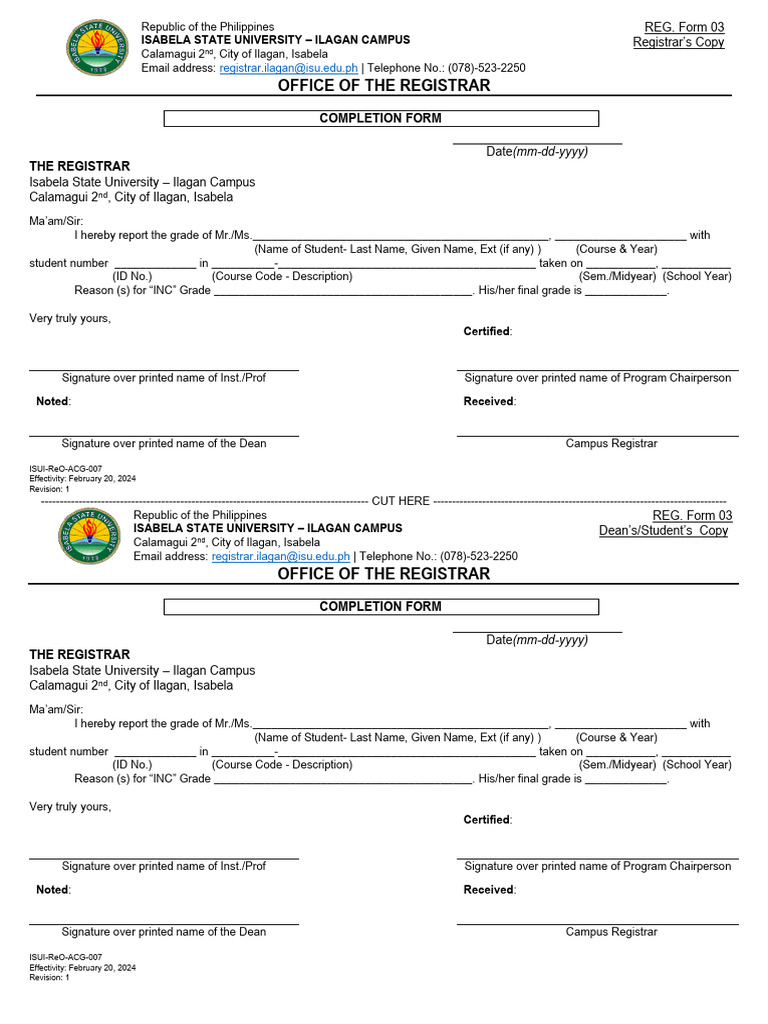 Isabela State University Grade Completion Form | PDF