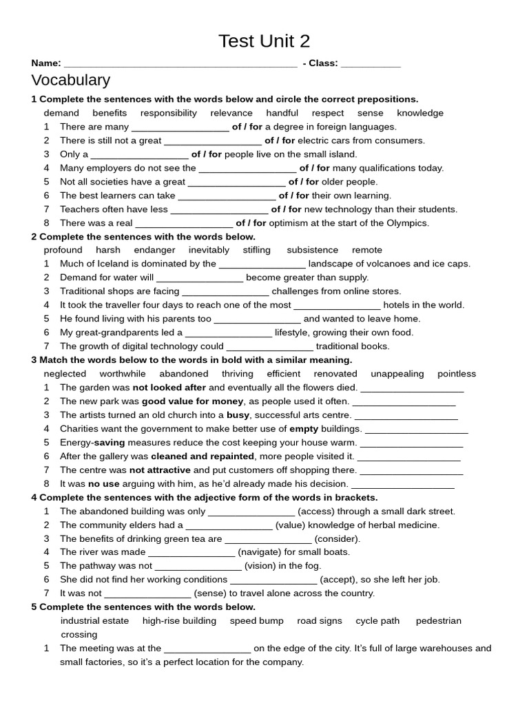 Vocabulary & Grammar Test Unit 2 Test A | PDF