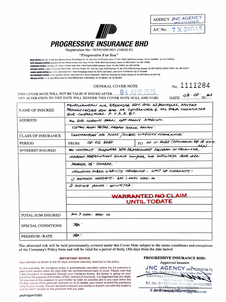Insurance Cover Note | PDF | Insurance | Private Law