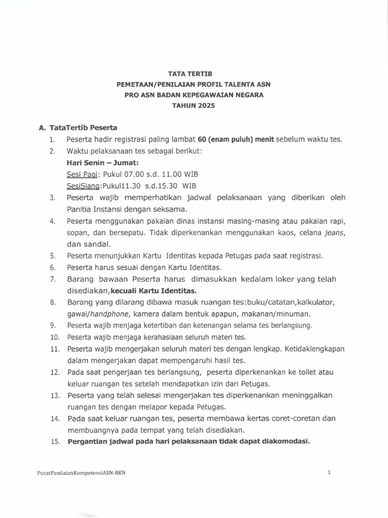 Tata Tertib Pemetaan Penilaian Profil Talenta ASN Tahun 2025 | PDF