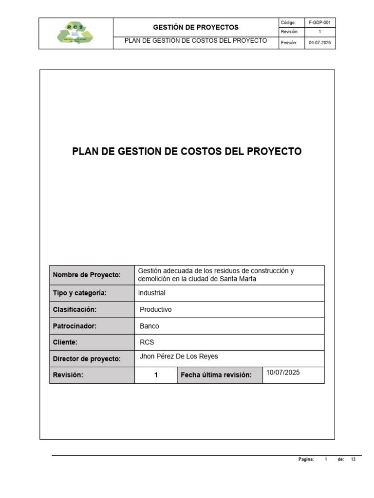 Plan de Costos para Proyecto RCD Santa Marta | PDF | Presupuesto ...