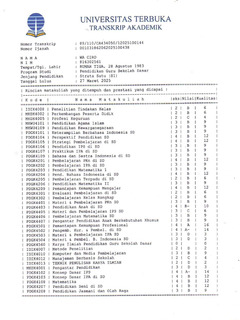 Transkip Nilai S1 | PDF