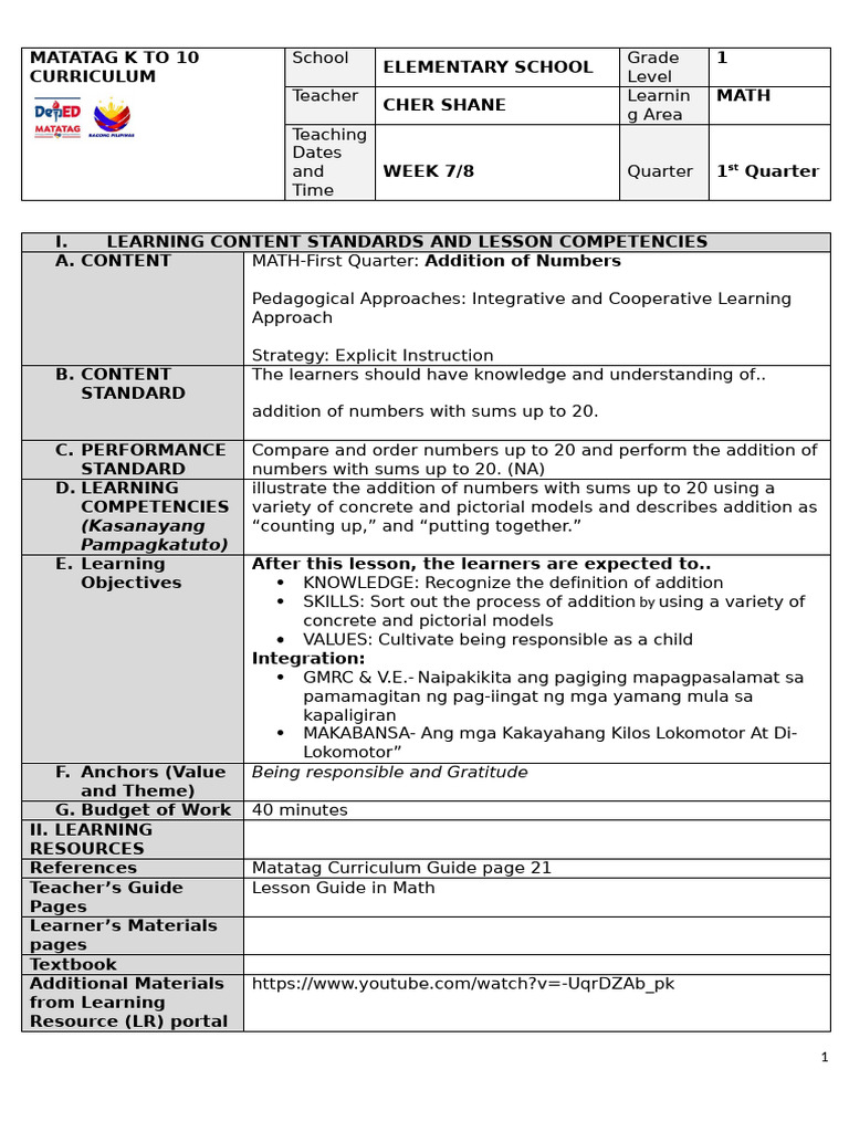 MATH-COT-LESSON EXEMPLAR-PAGDAGDAG-WEEK6-7-8 | PDF | Learning | Curriculum