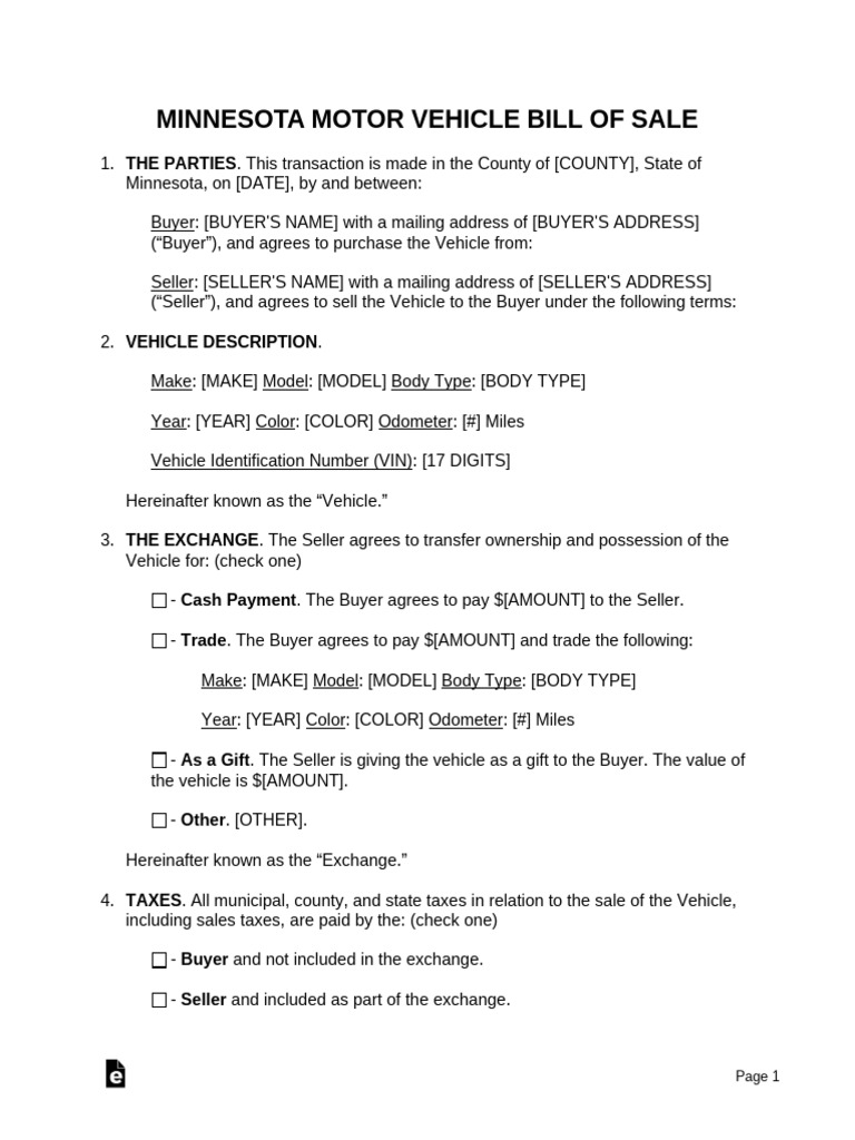 Minnesota Vehicle Bill of Sale Template | PDF | Sales | Taxes