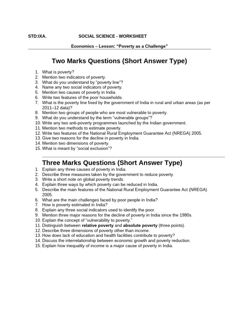 Poverty Challenges in India: Worksheet | PDF