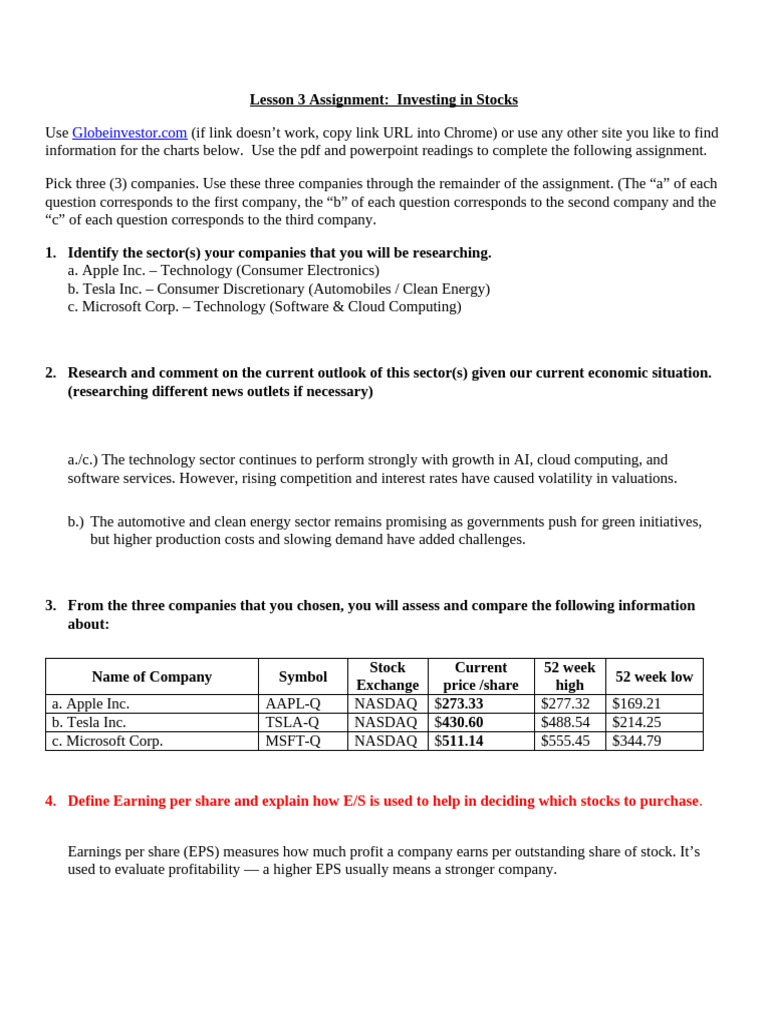 Stocks Assignment | PDF | Investing | Price–Earnings Ratio