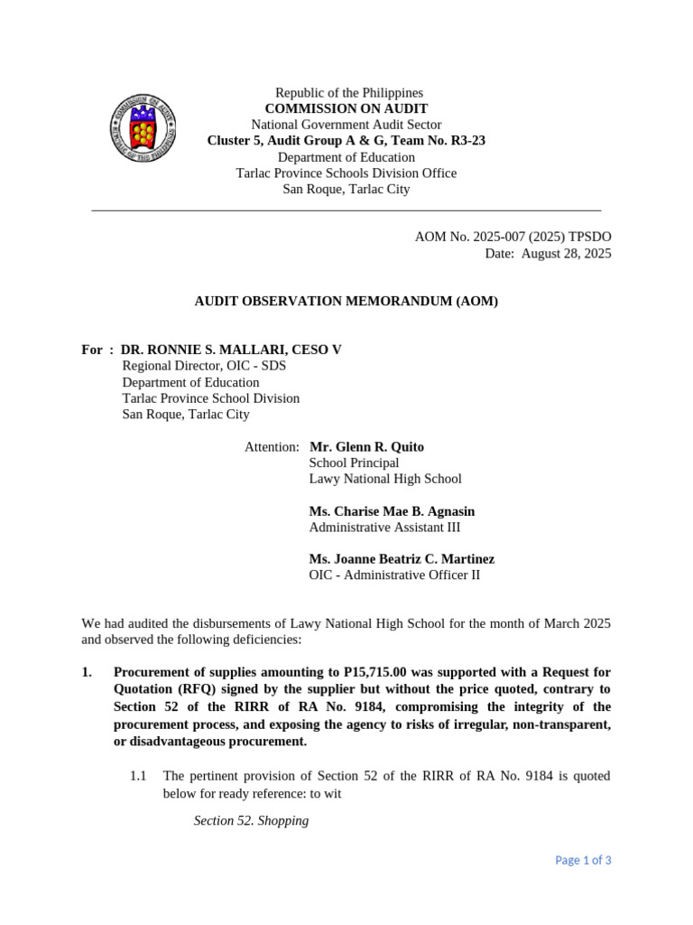 Audit Memo on Procurement Issues at Lawy High School | PDF | Governance ...