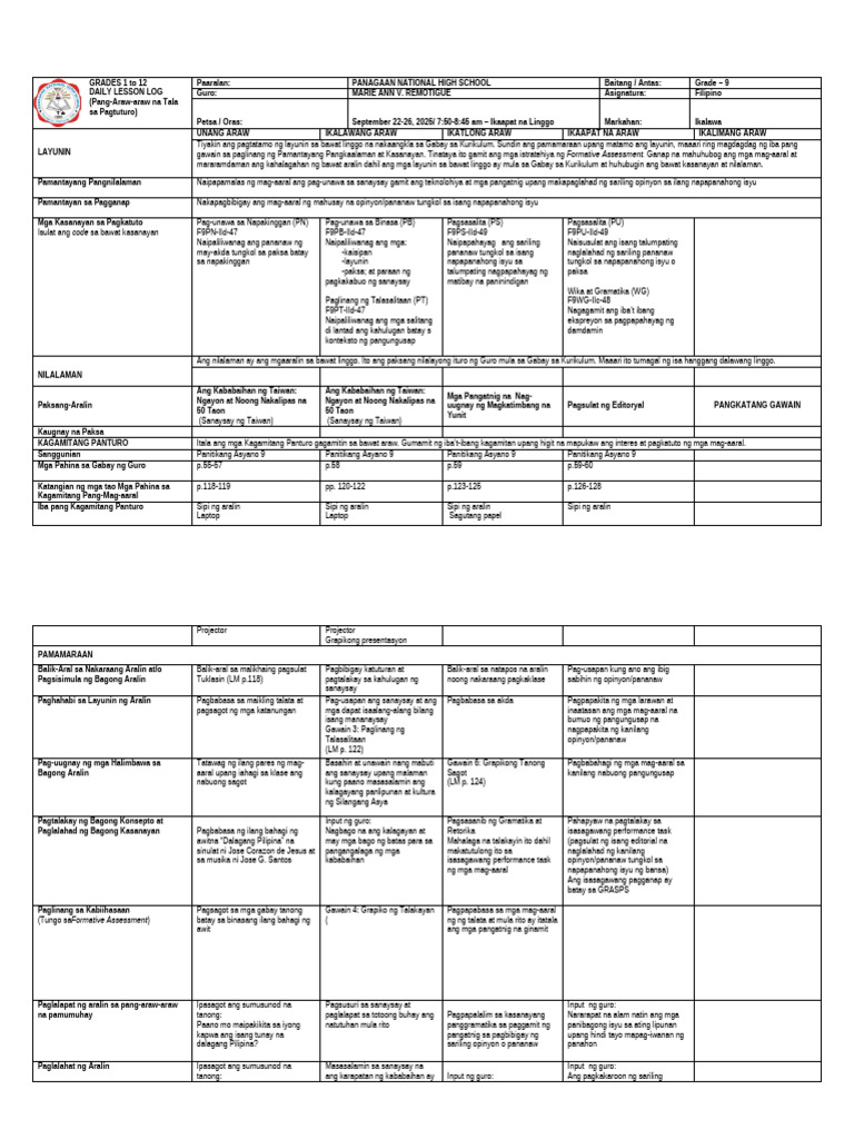 DLL - FILIPINO 9 2ngd Grading (Topic 3) | PDF