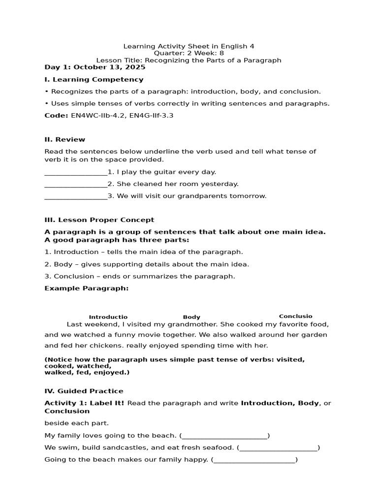 Learning Activity Sheet in English 4-Oct 13.2025.docx BON2 | PDF | Verb ...