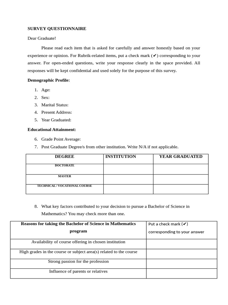 Graduate Survey Questionnaire | PDF | Mathematics