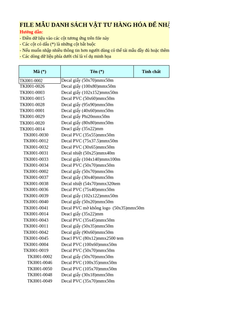 Mau Danh Muc Vat Tu Hang Hoa | PDF