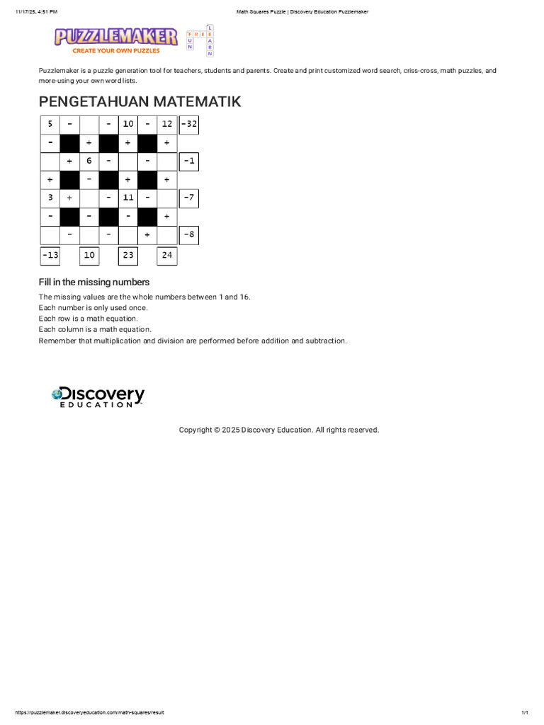 Math Squares Puzzle - MATEMATIK 1 | PDF