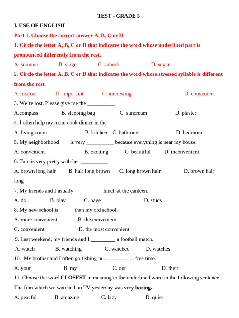 Grade 5 English Test Questions | PDF