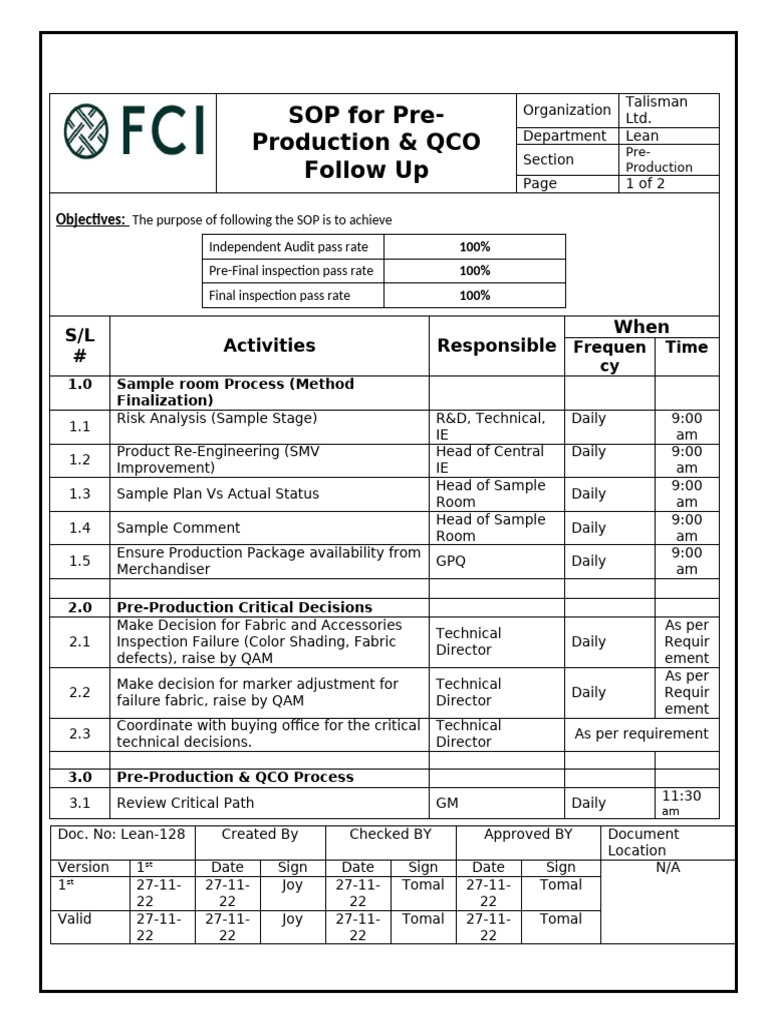 Pre-Production SOP and QCO Process Guide | PDF