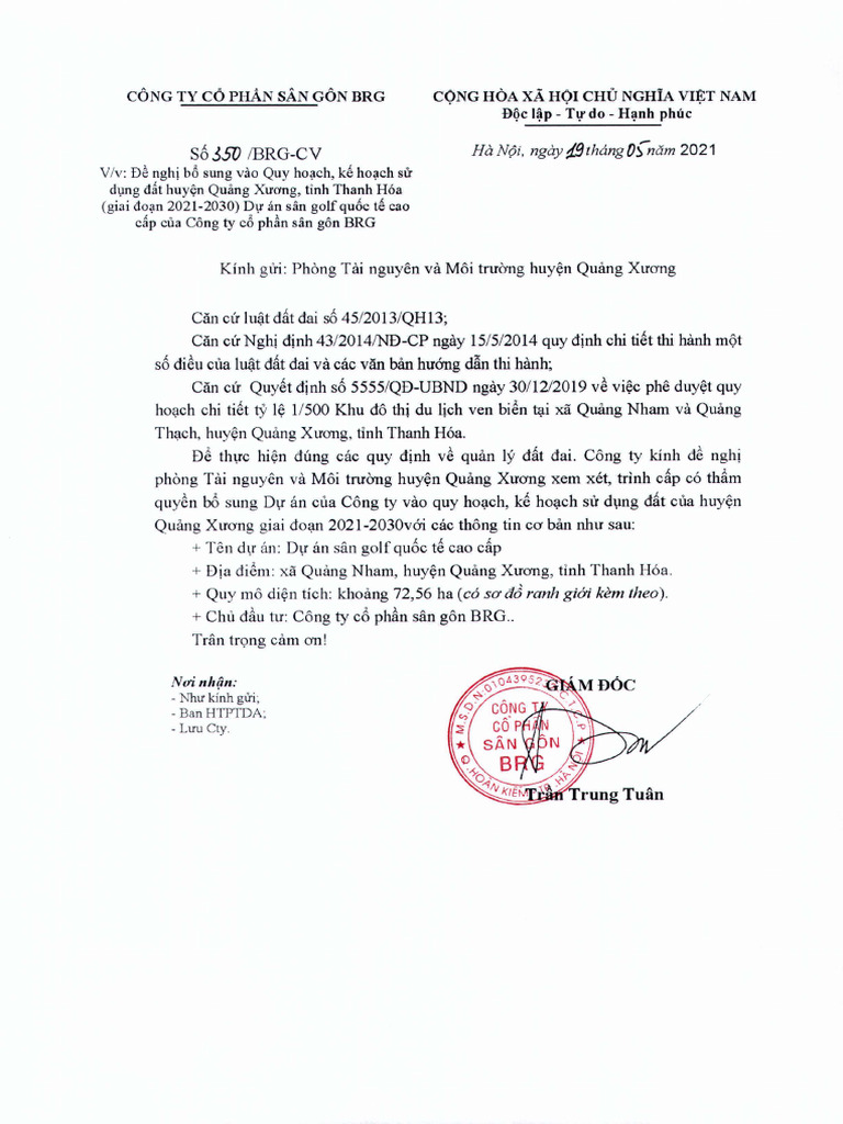 VB 350. GBRG de Nghi Bo Sung San Golf Vào QHSD Đất | PDF