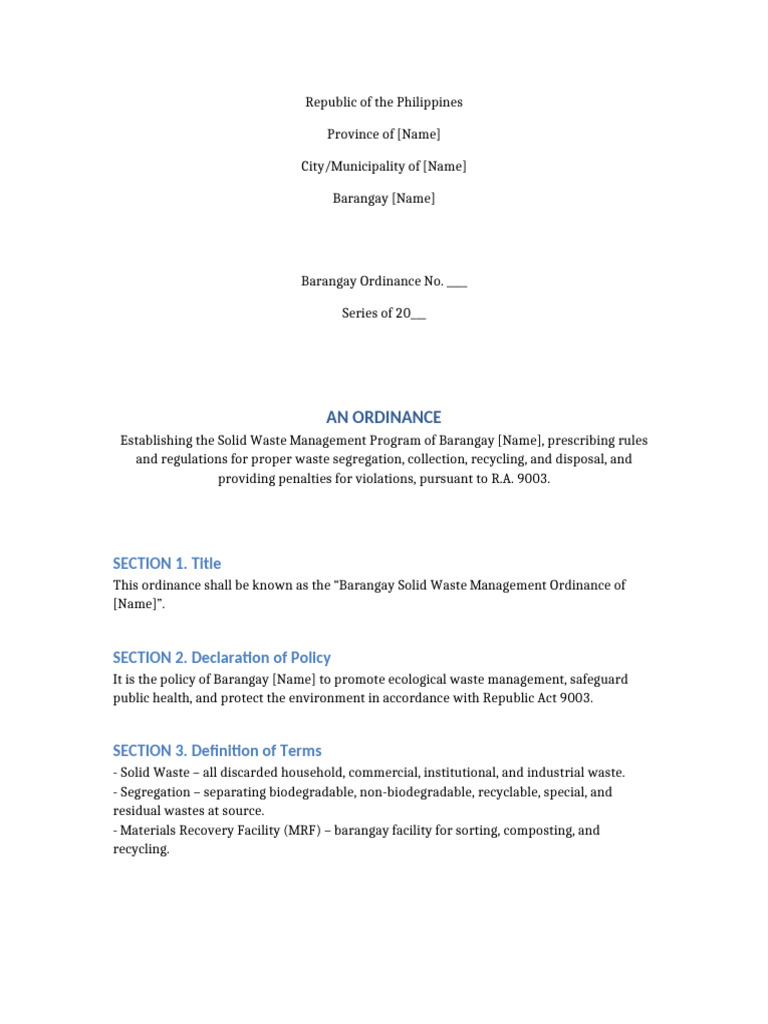Barangay Solid Waste Management Ordinance | PDF | Waste | Waste Management