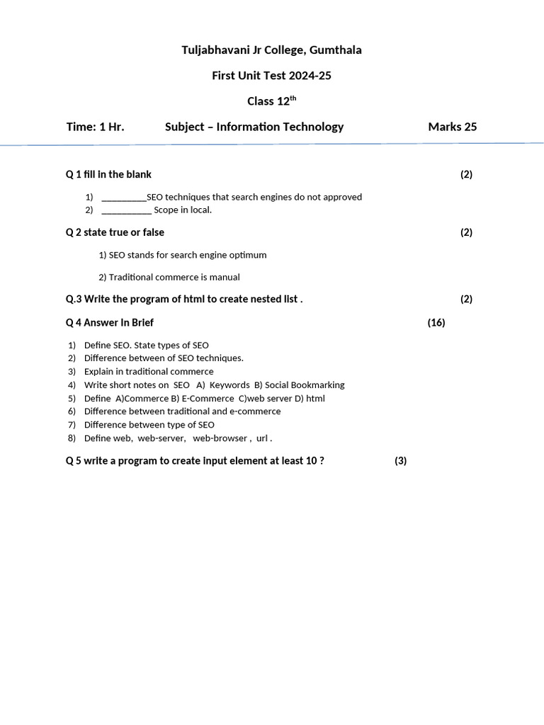 Class 12 IT Unit Test 2024-25 Guide | PDF