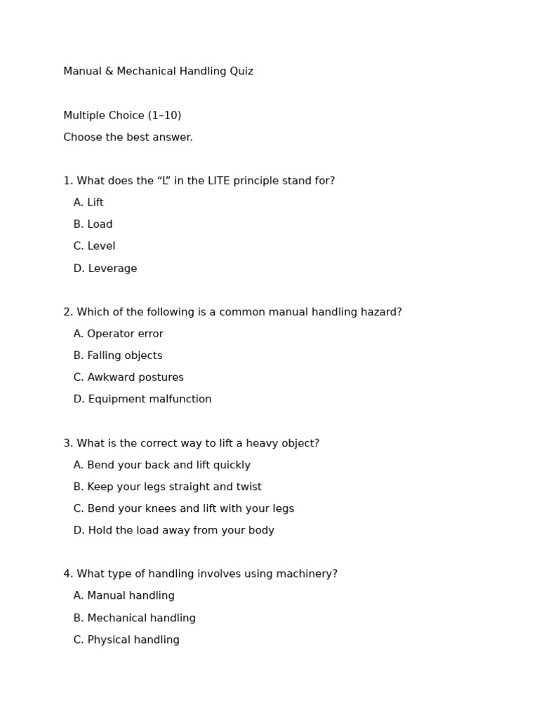 Manual and Mechanical Handling Hazard Quiz | PDF | Personal Protective ...