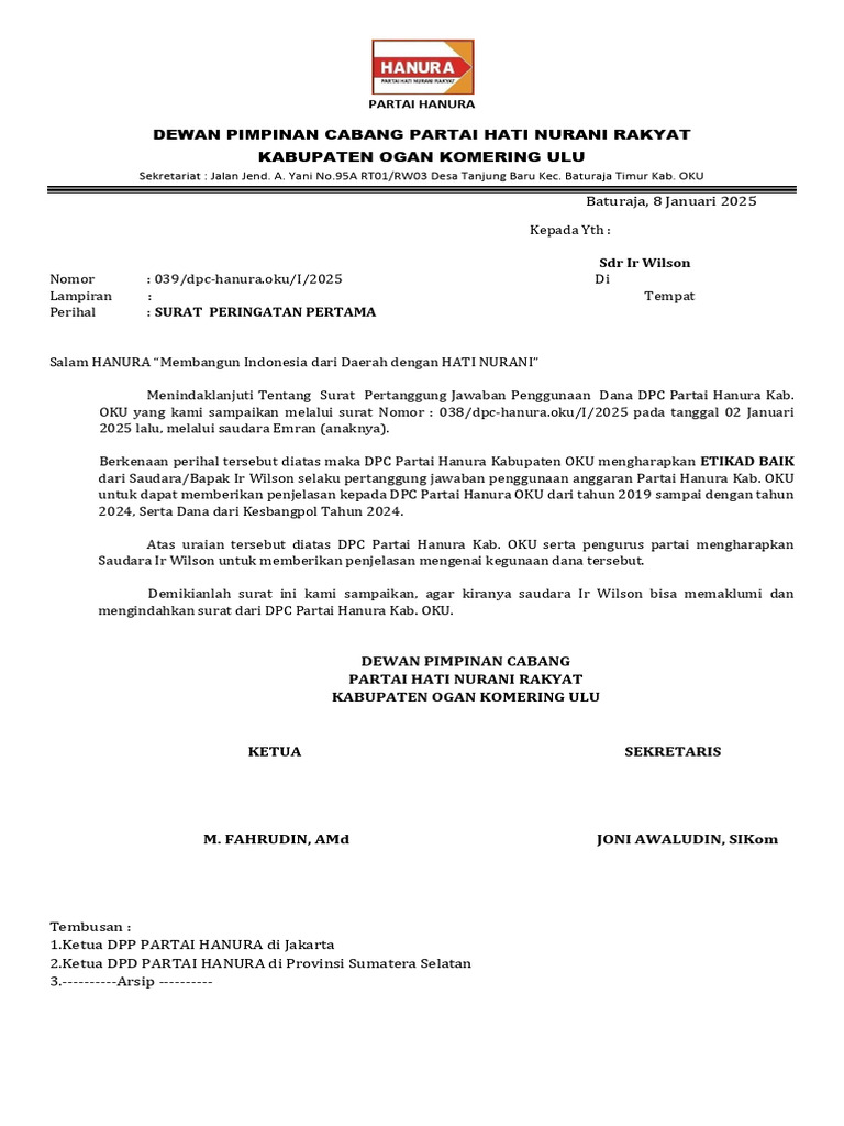 Surat Peringatan DPC Hanura OKU 2025 | PDF