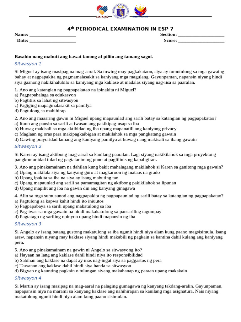 Esp7 q4 Pisa Based Periodical Exam Questions | PDF