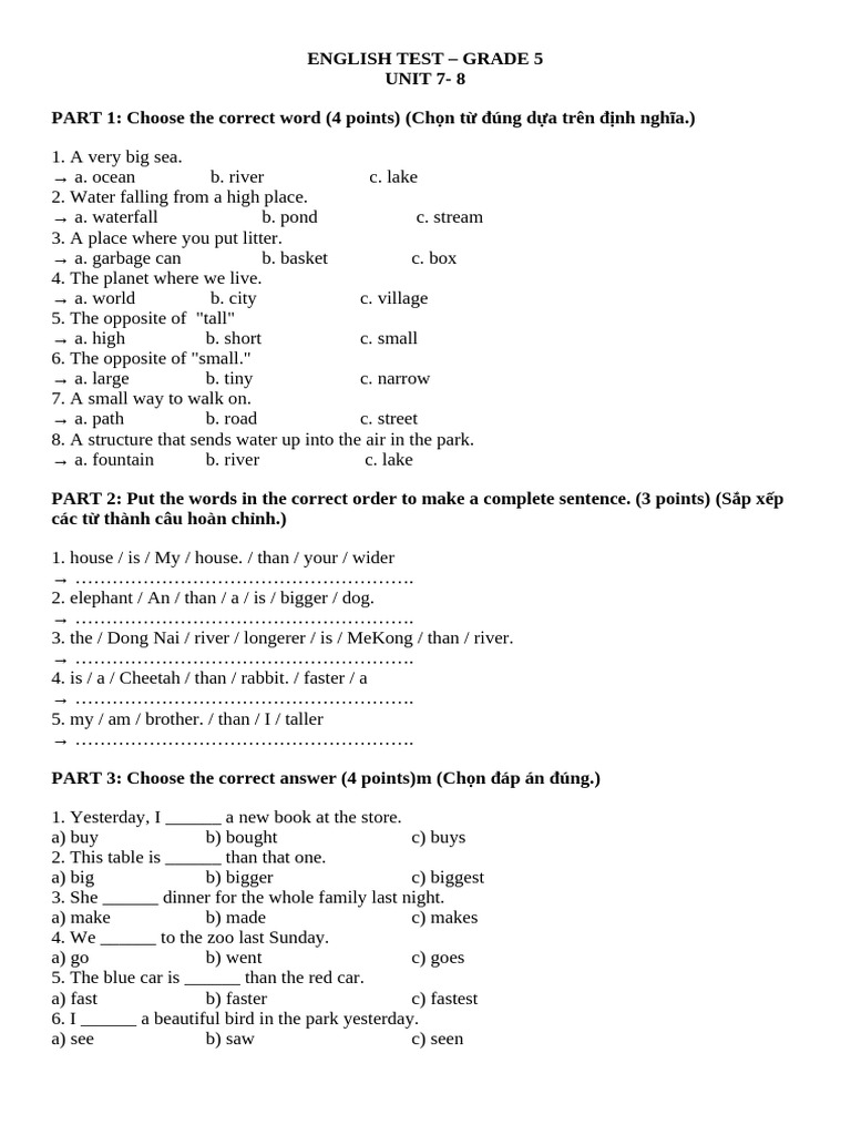 Grade 5 English Test Units 7-8 | PDF | Chess Openings | Chess
