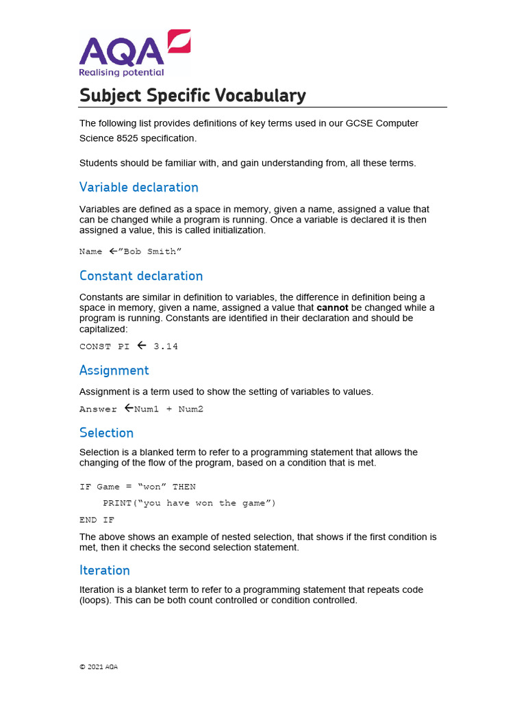 Subject Specific Vocabulary - AQA-8525-SSV PDF | PDF | Control Flow ...