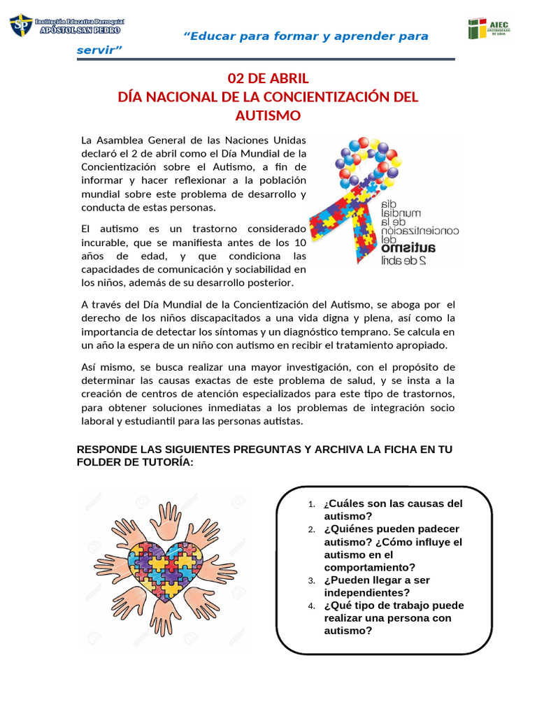 Ficha Civica El Autismo 3 de Abril | PDF | Autismo | Aprendizaje