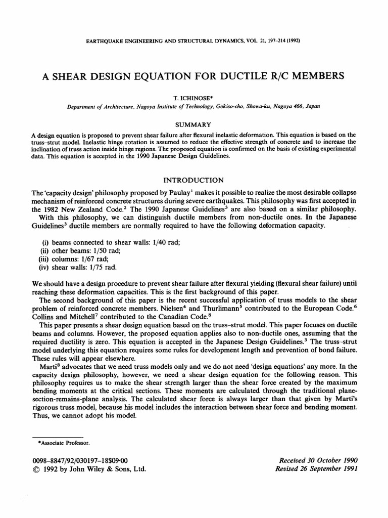 Ichinose1992 - A Shear Design Equation For Ductile RC Members | PDF ...