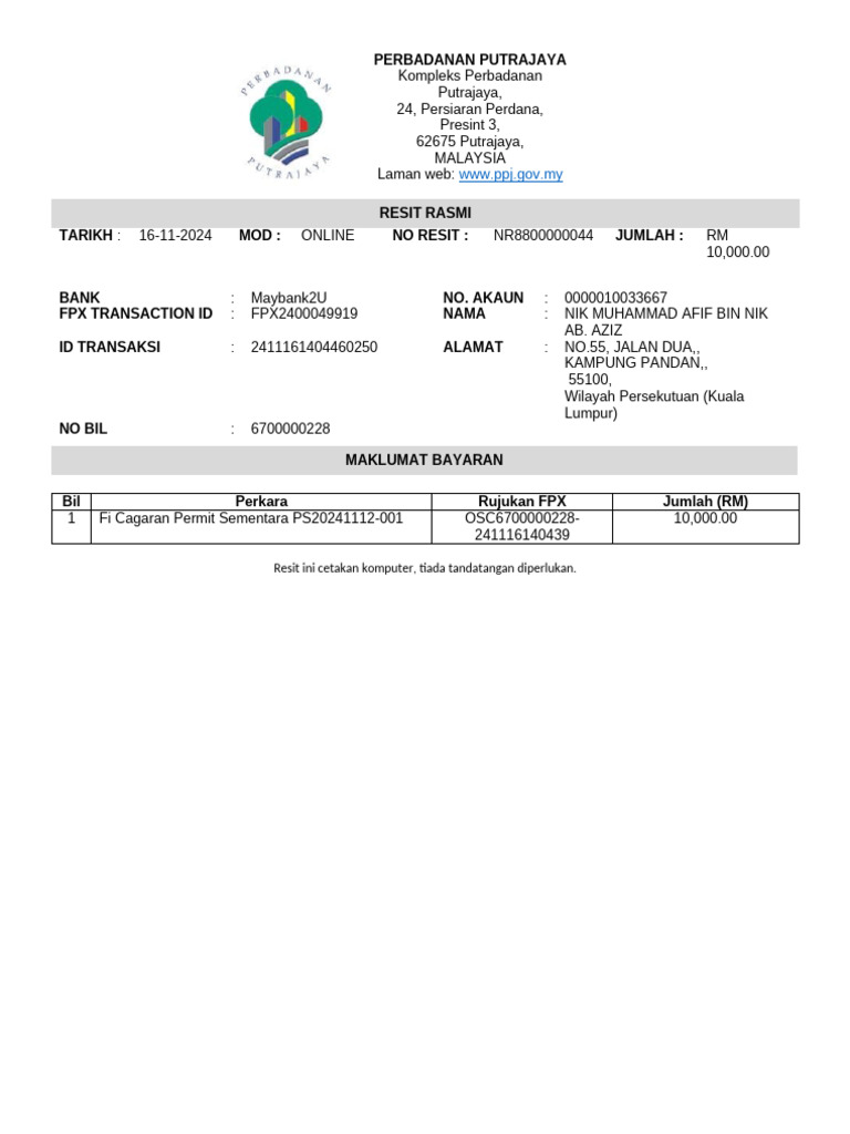 Resit Rasmi PS20241112-001 (NR8800000044) | PDF