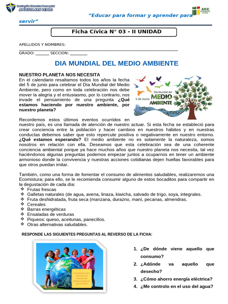 FICHA CIVICA 03 MUNDIAL DEL MEDIO AMBIENTE 05 DE JUNIO | PDF
