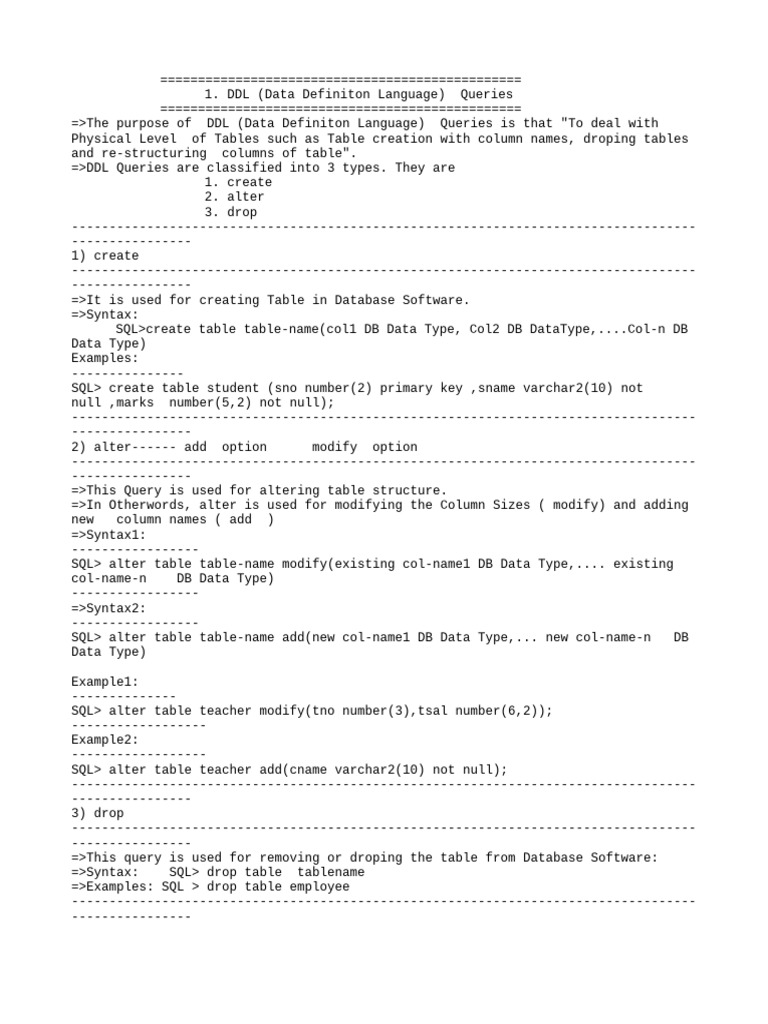 DDL (Data Definiton Language) Queries | PDF