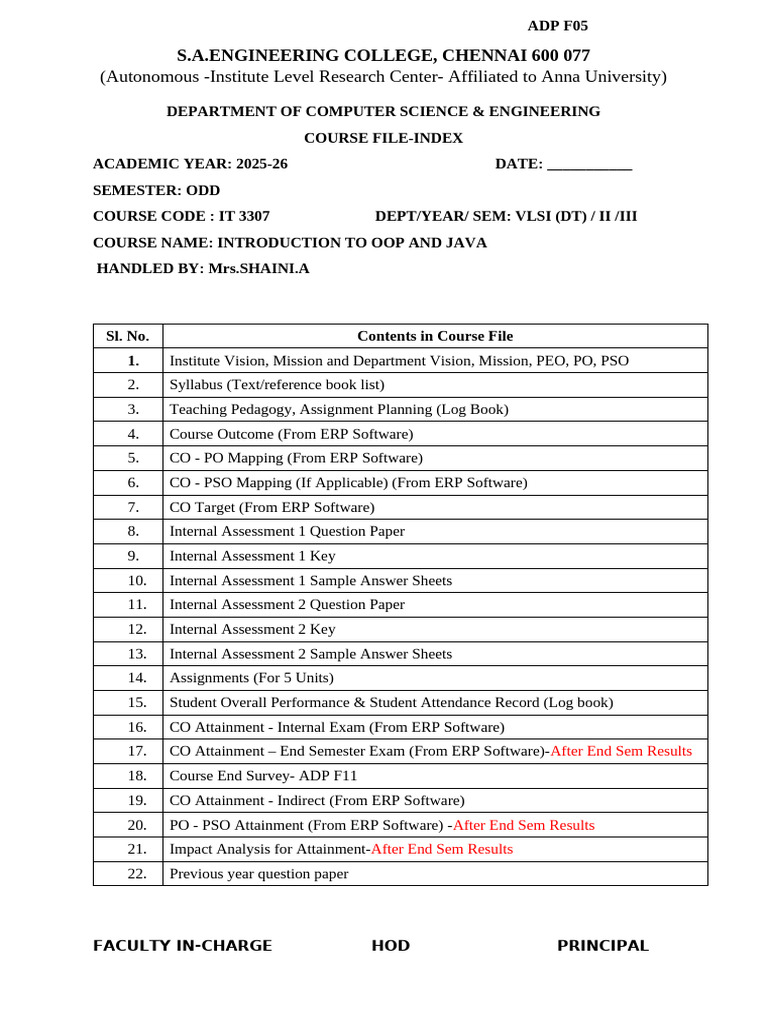 Course File for OOP and Java IT 3307 | PDF