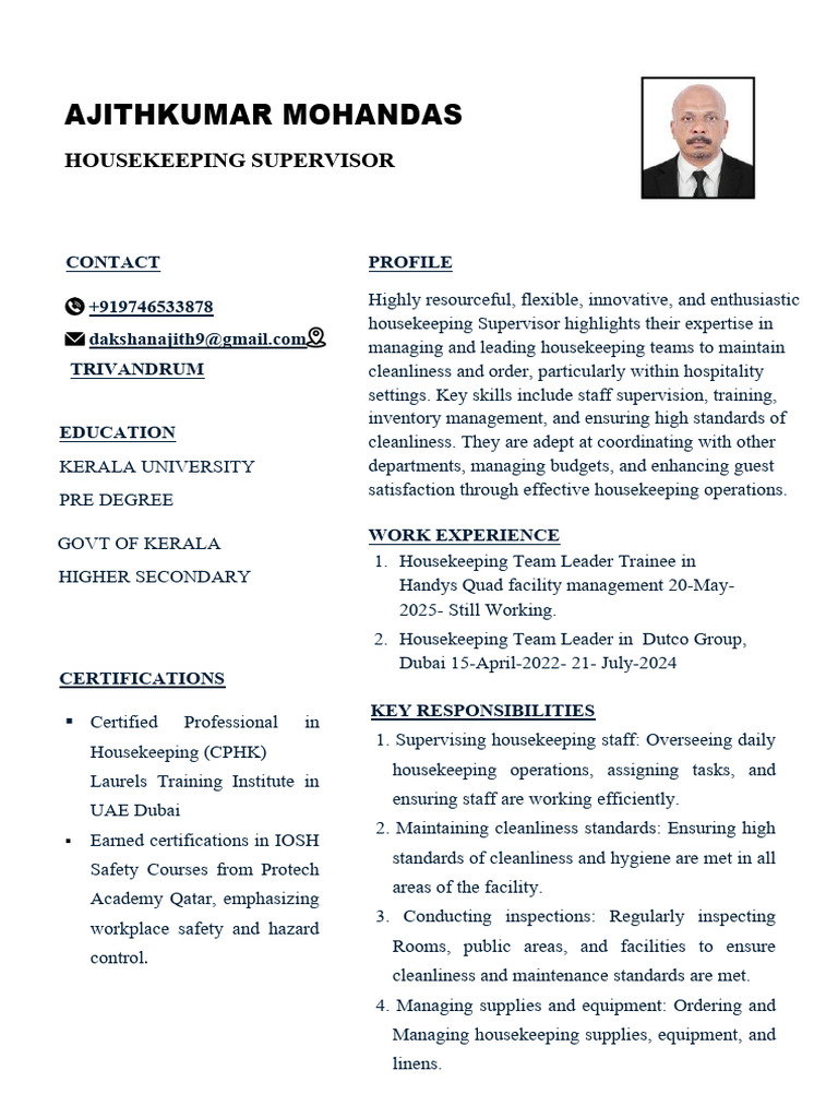 Housekeeping Supervisor Resume - Ajith Kumar | PDF | Housekeeping | Safety