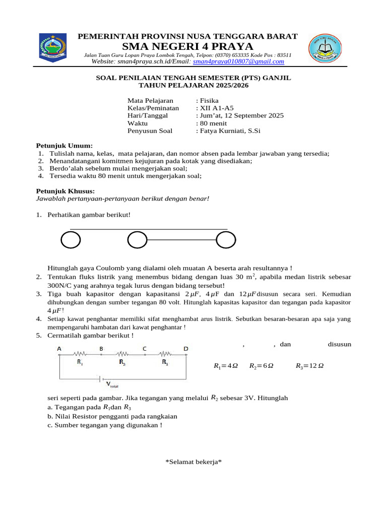 SOAL Fisika Kelas XII A1-A5 PTS 2025-2026 GANJIL - Fatya Kurniati | PDF