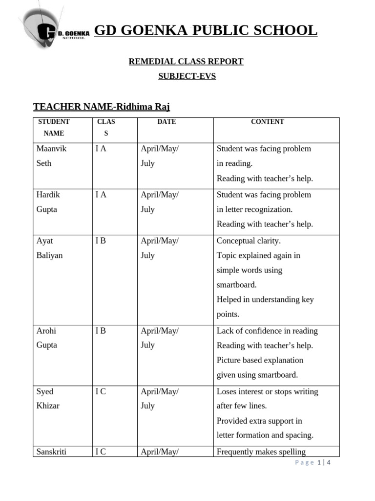 Remedial Class Report: EVS Progress | PDF