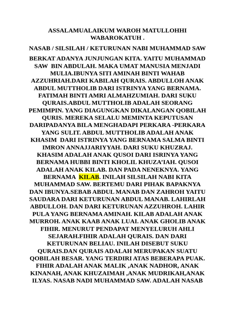 Silsilah Nabi Muhammad SAW yang Mulia | PDF