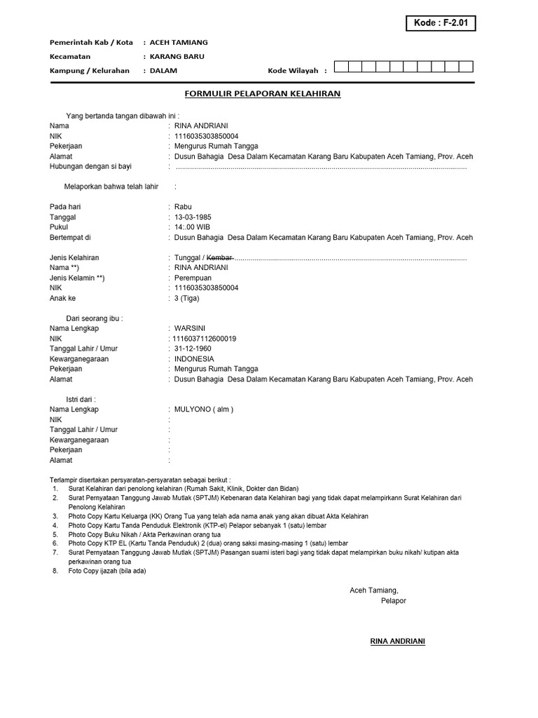 Formulir KELAHIRAN-F2.01 Rina An | PDF