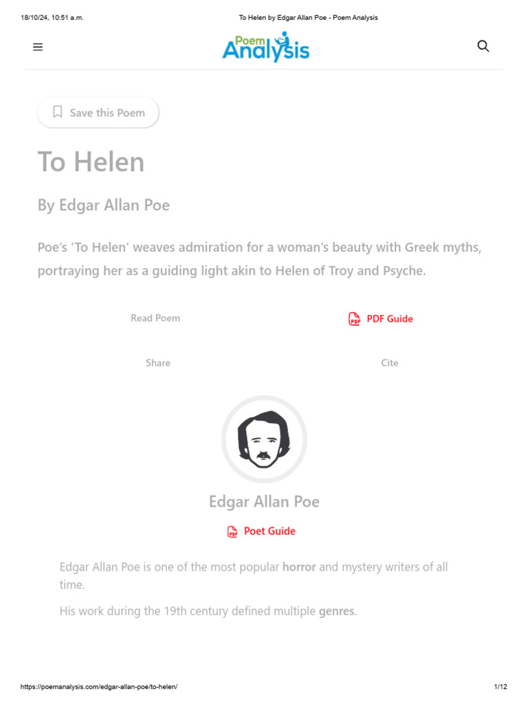 To Helen by Edgar Allan Poe - Poem Analysis | PDF | Poetry | Poetics