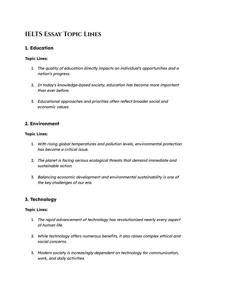 Essay Topic Lines | PDF | Sustainability | Globalization