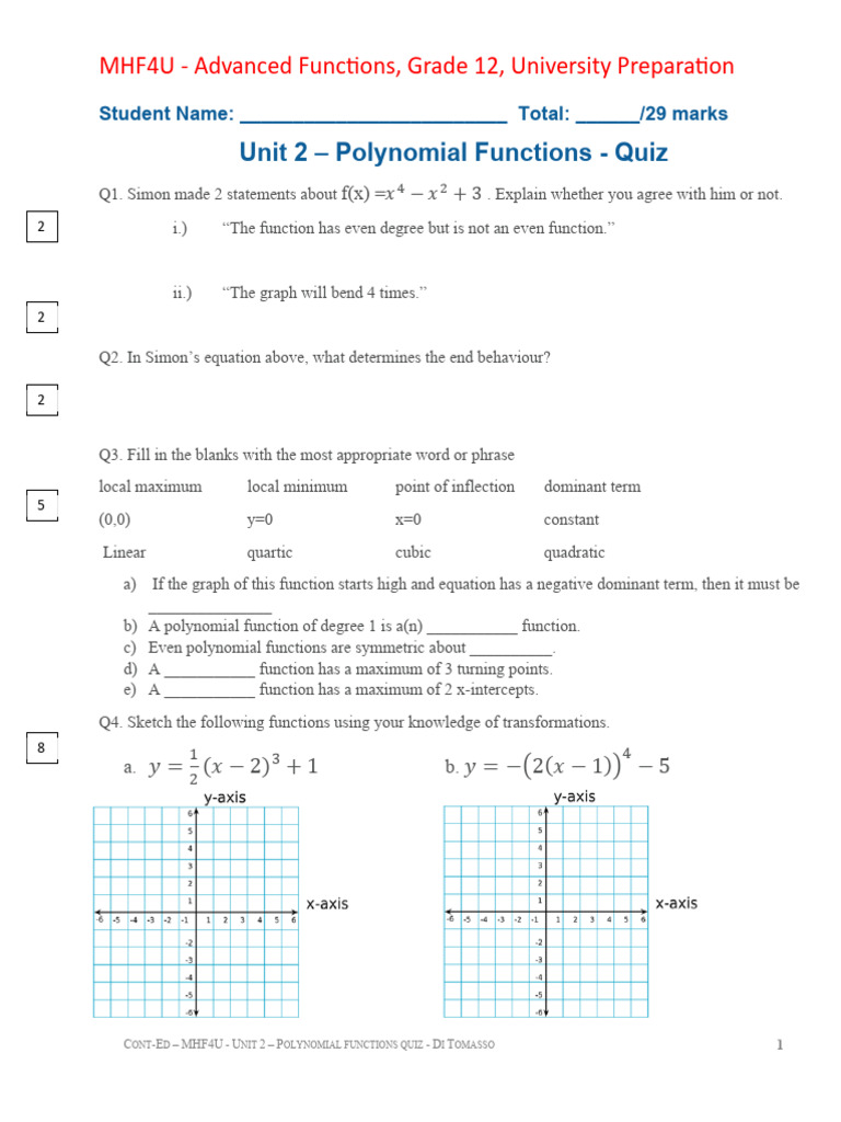 Grade 12 Polynomial Functions Quiz | PDF