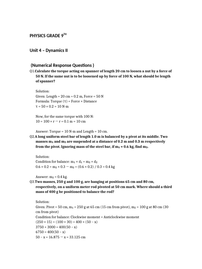 Dynamics II Numerical Response Solutions | PDF