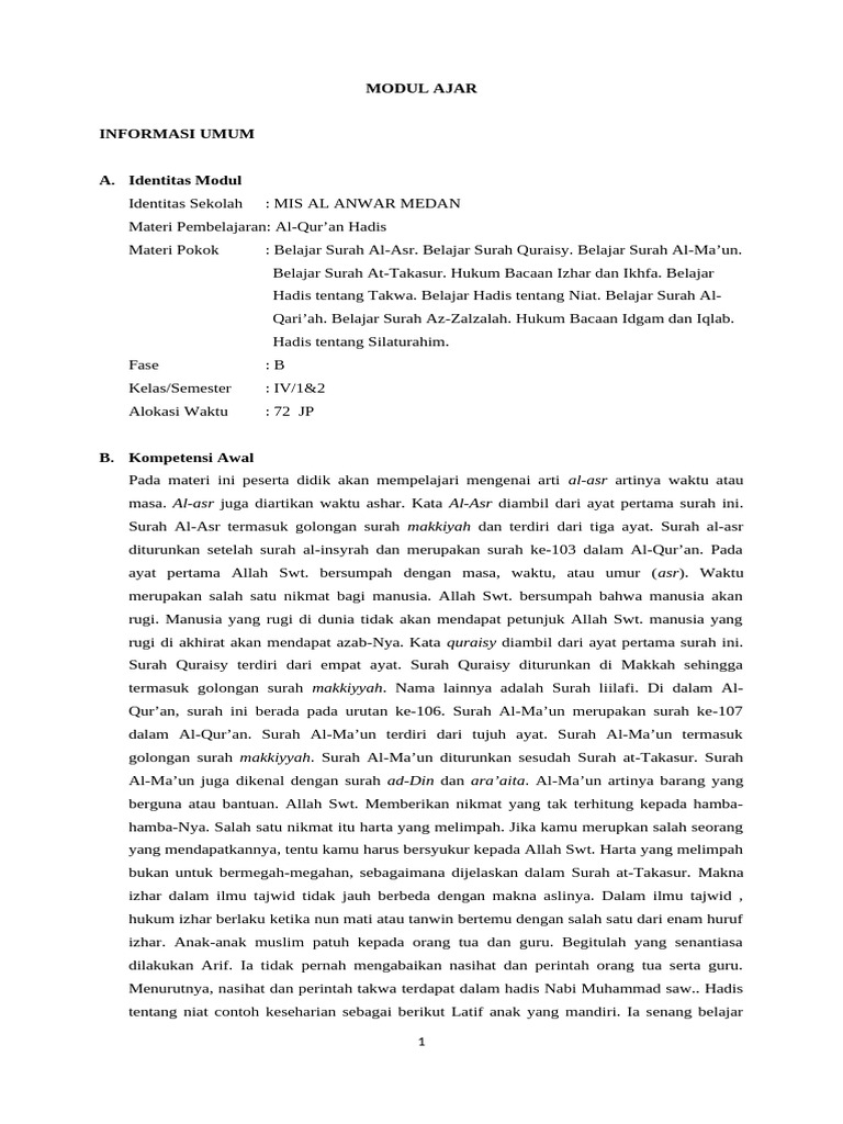 Modul Ajar KLS 4 Al Quran Hadits Irmaya | PDF
