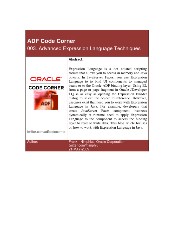 ADF Code Corner: 003. Advanced Expression Language Techniques | PDF | Java Server Faces | Method ...