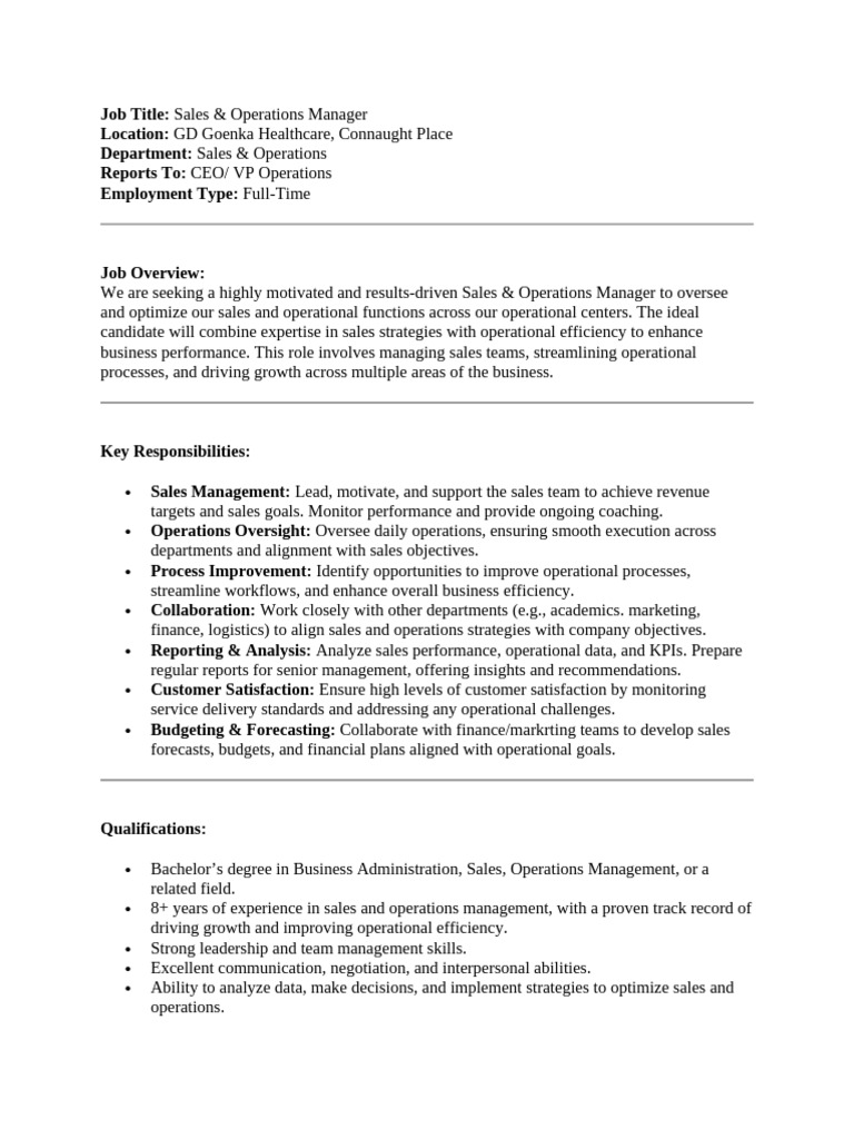 JD - Sales & Operations Manager | PDF | Sales | Customer Relationship ...
