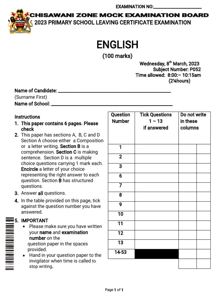 Chisawani Mock English | PDF | Adverb | Adjective
