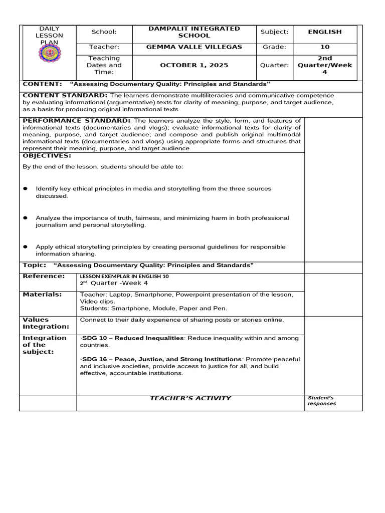 DLP Quarter 2 Week 4 Day 2 | PDF | Storytelling | Human Communication