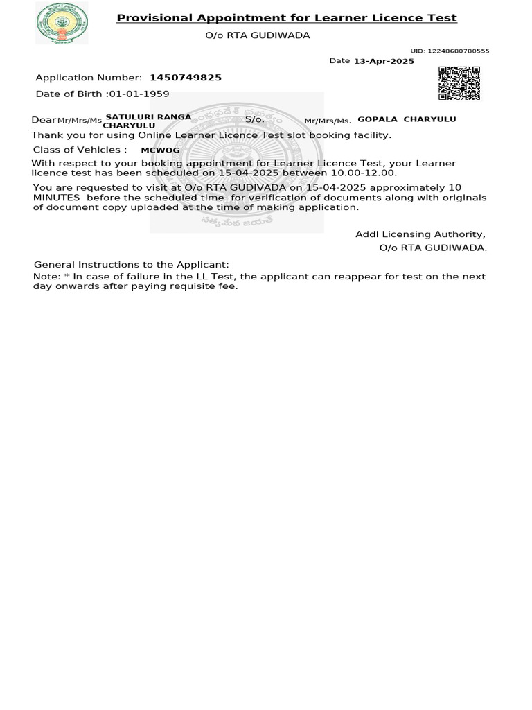 Learner Licence Test Appointment Notice | PDF