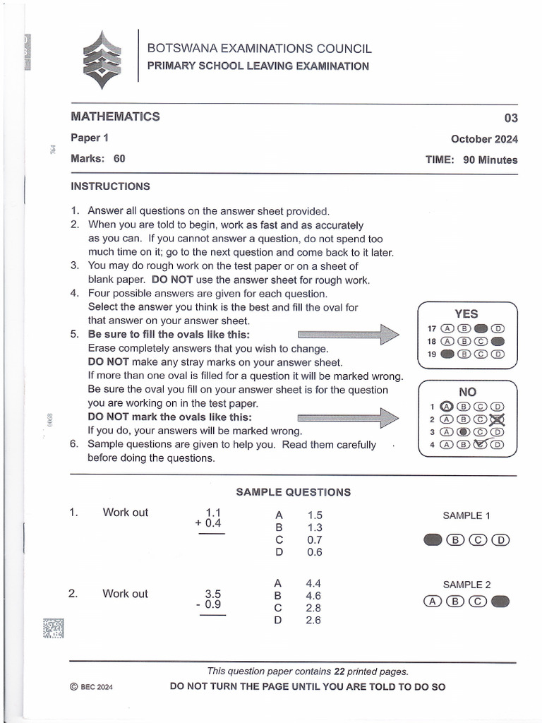 Psle Maths 2024 & Marking Key WP | PDF
