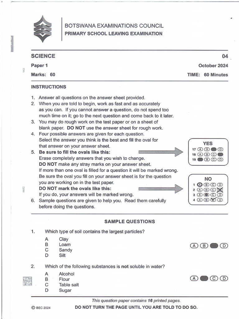 Psle Science 2024 & Marking Key WP | PDF