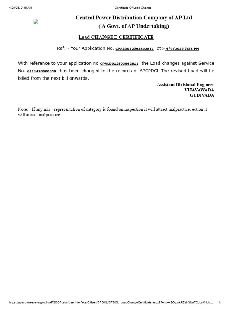 Load Change Certificate - APCPDCL | PDF